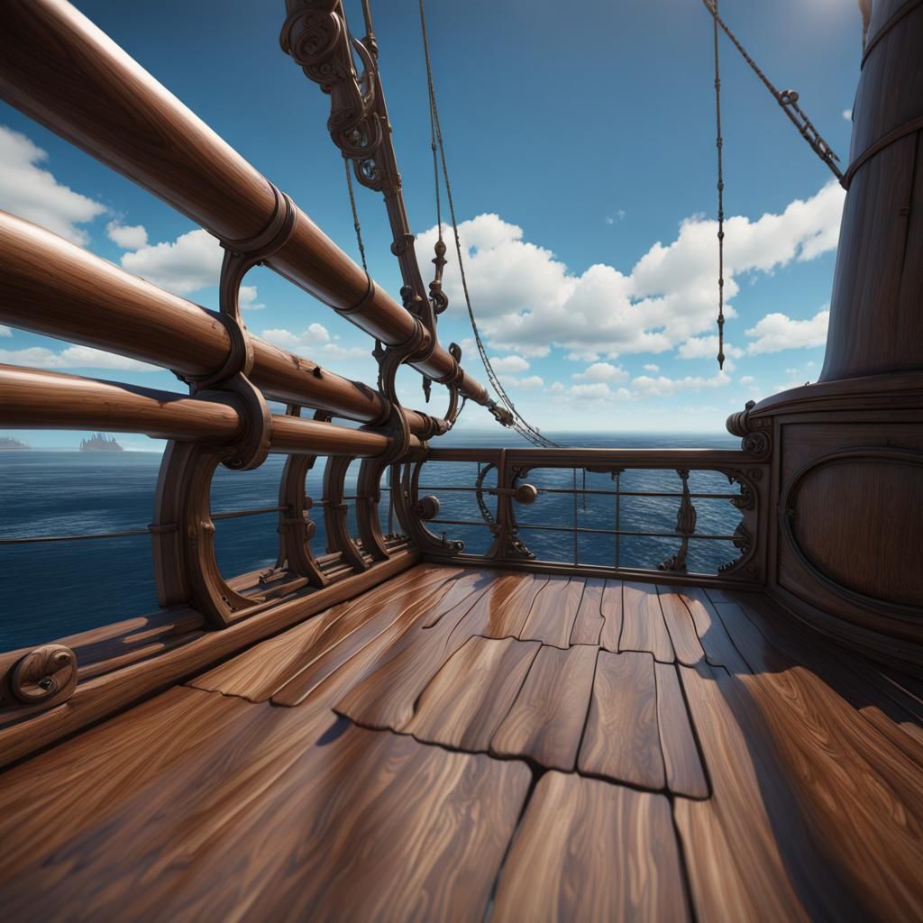 First person view slumped over the railing of a large wooden ship ...