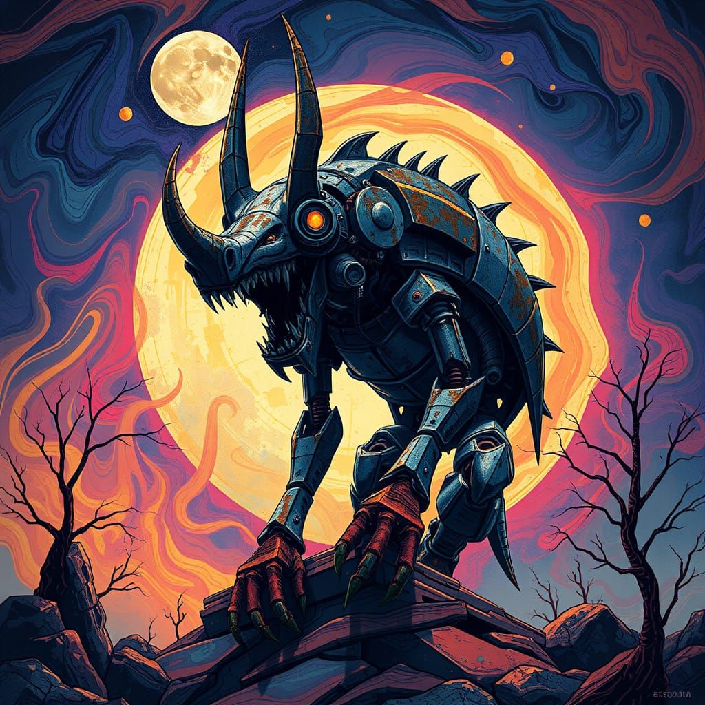 illustration, whimsical, surreal, rusty metal sinister Animal ...