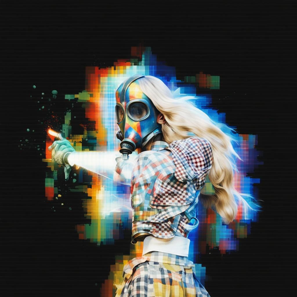 A glitchy statics distorted dark image of a blond woman with long hair wearing a ww I type gas ...