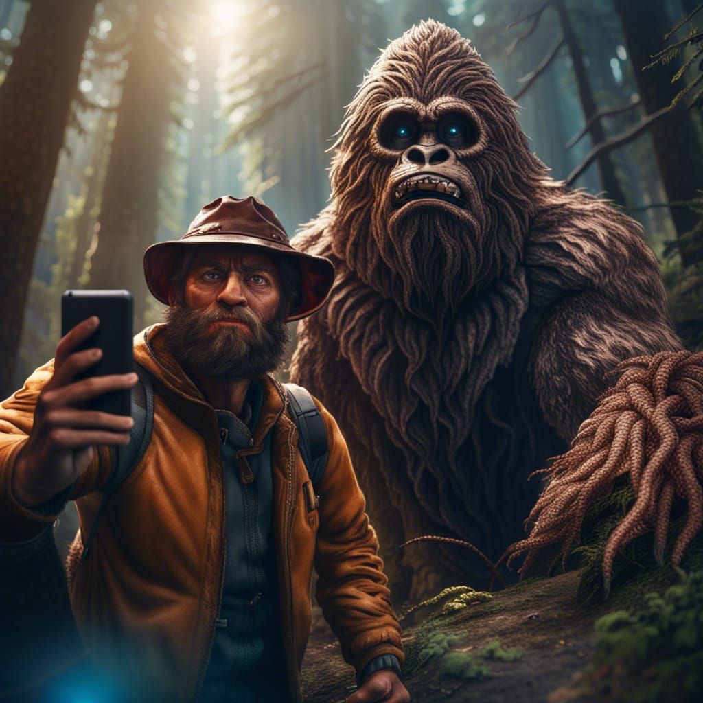 Hiker takes a selfie with Bigfoot - AI Generated Artwork - NightCafe Creator