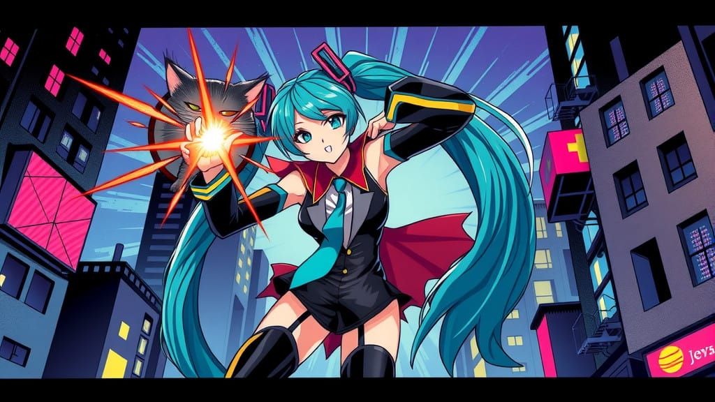 Comic Book Superhero Hatsune Miku Saves Tuxedo Cat... - AI Art