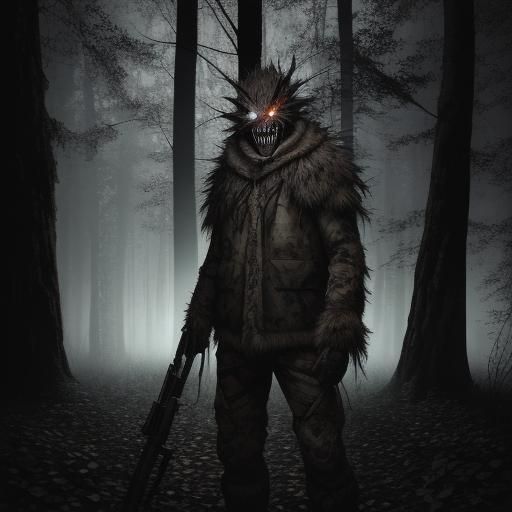 Portrait of 1 man hunter, evil grin,foaming at mouth, hunter attire ...