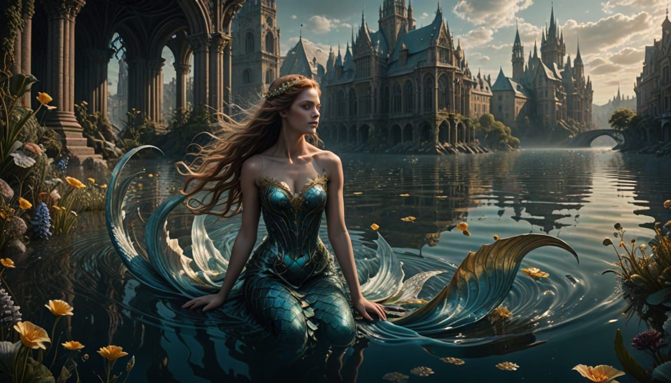 Surreal Mermaid Cityscape in Oil Painting Style - AI Art