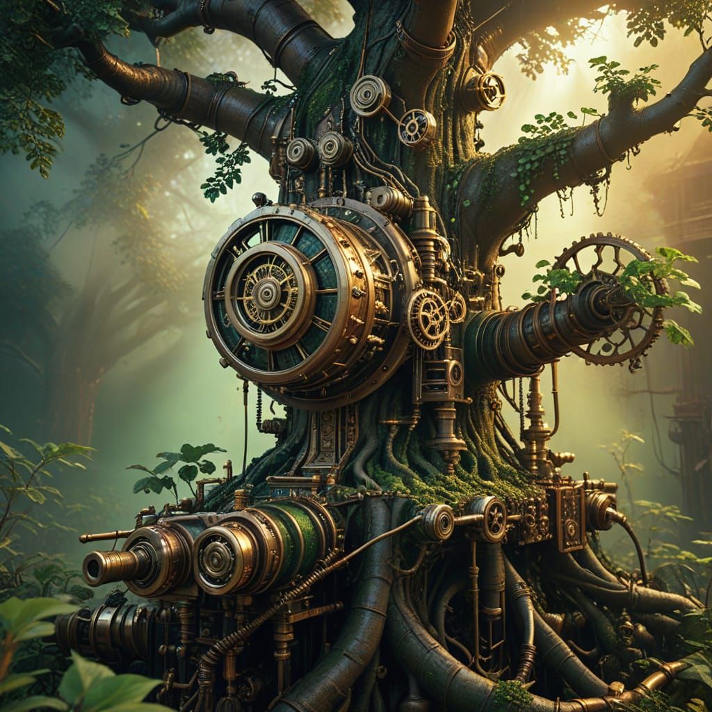Steampunk Iroko Tree with Golden Lighting - AI Art