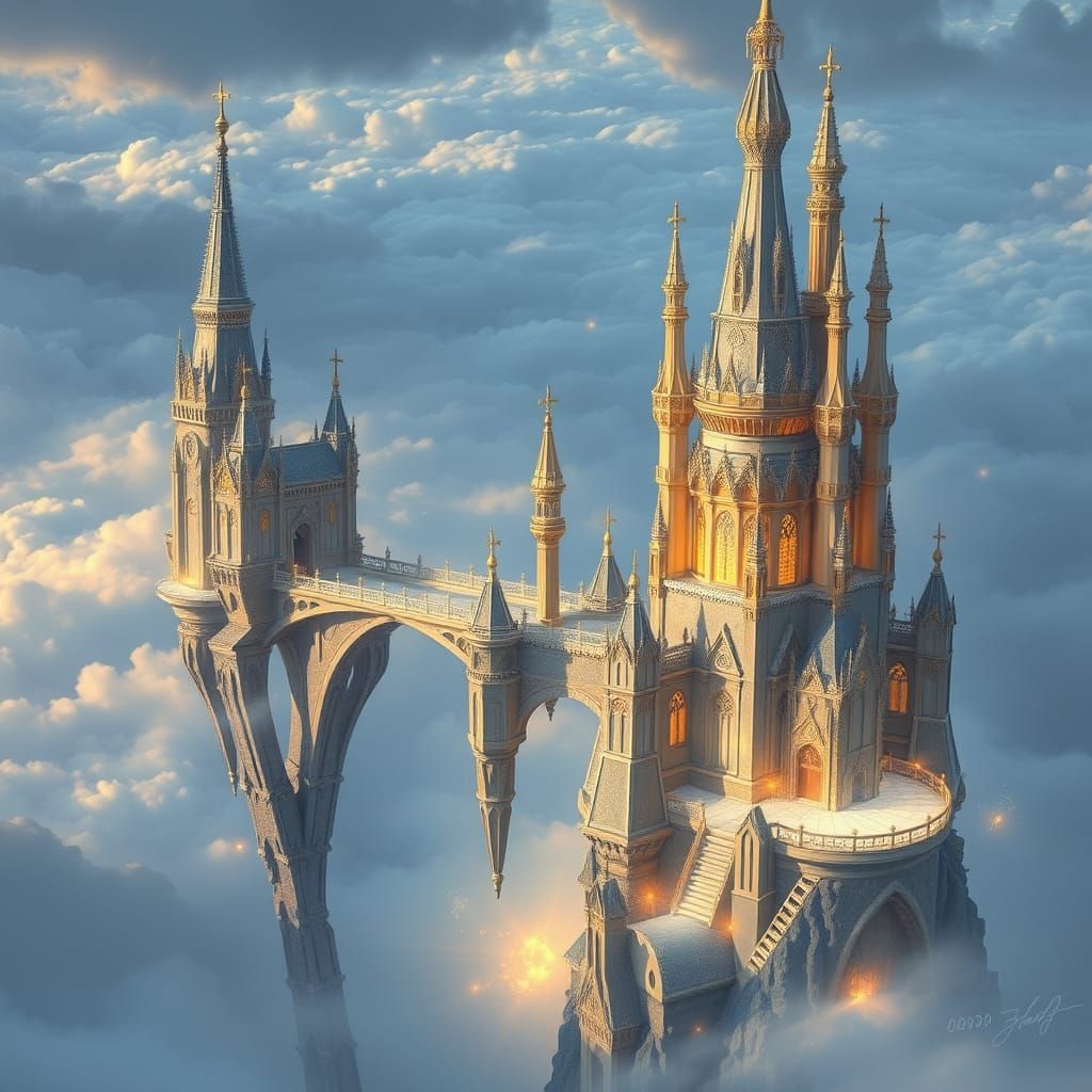 Crystal Citadel Floating in Clouds with Light Brid... - AI Art