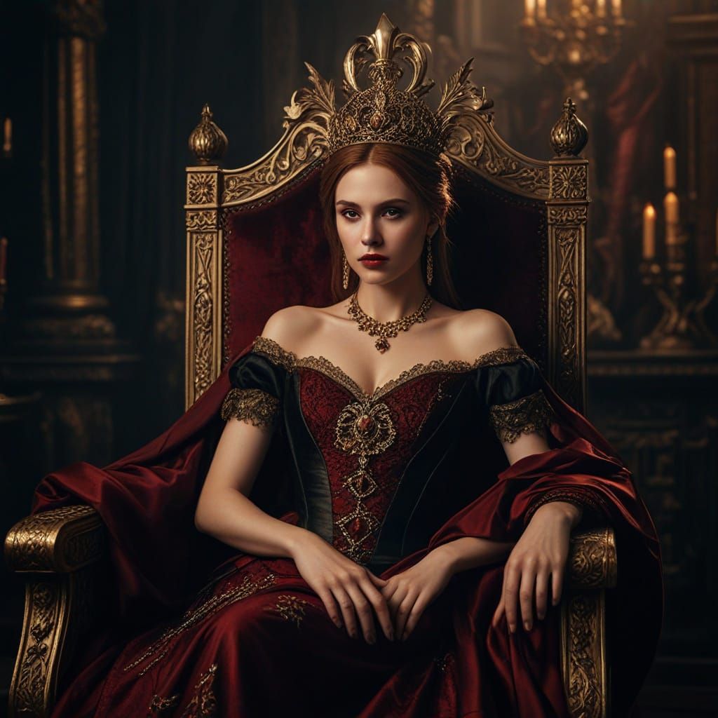 Regal Vampire Queen in Luxurious Gold and Red Atti... - AI Art