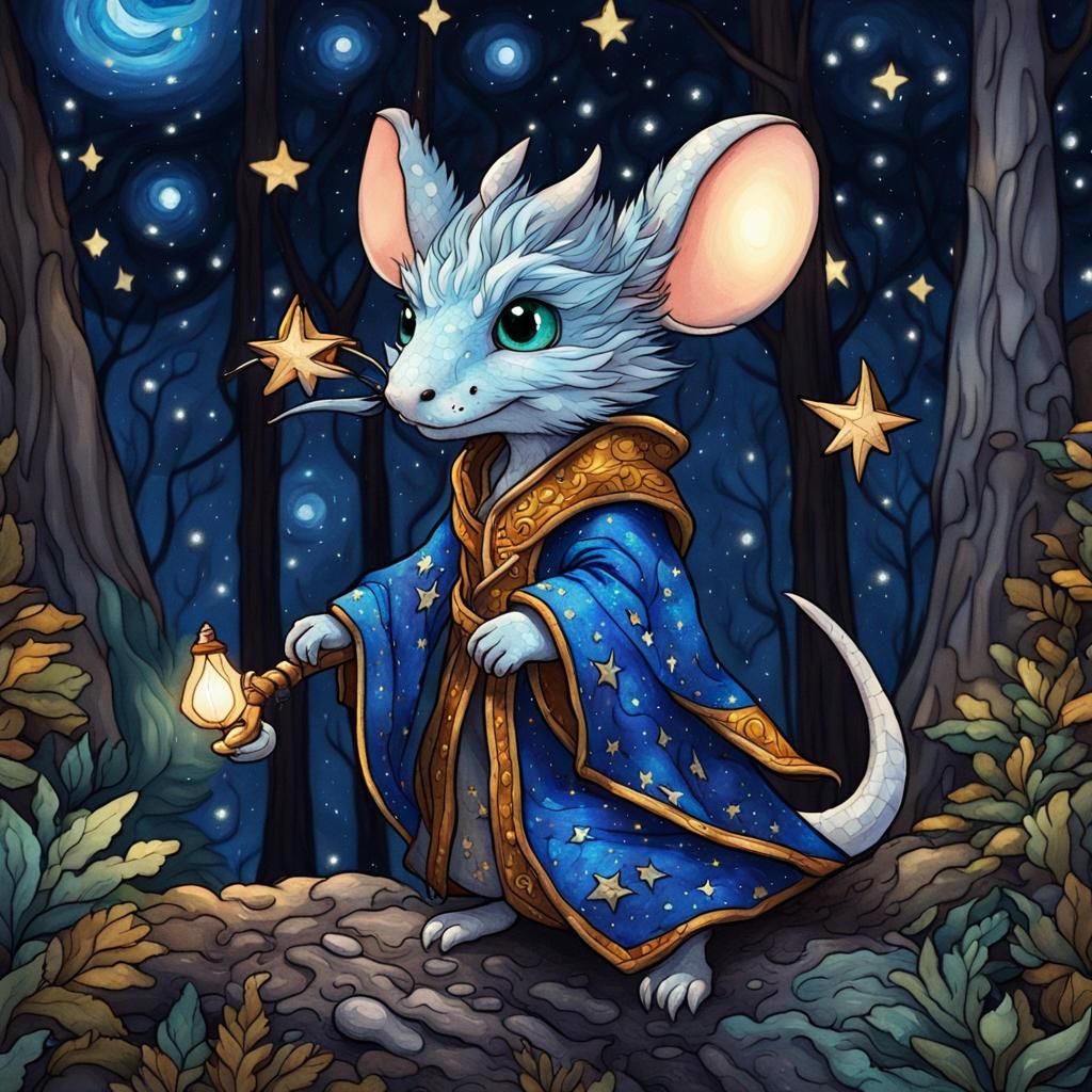 an adorable chibi dragon-mouse wizard, cute furry nose, walking in a ...