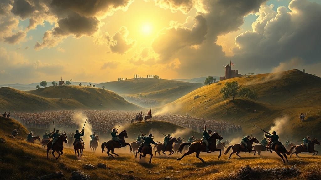 Epic Battle on a Hillside, Inspired by War and Pea... - AI Art