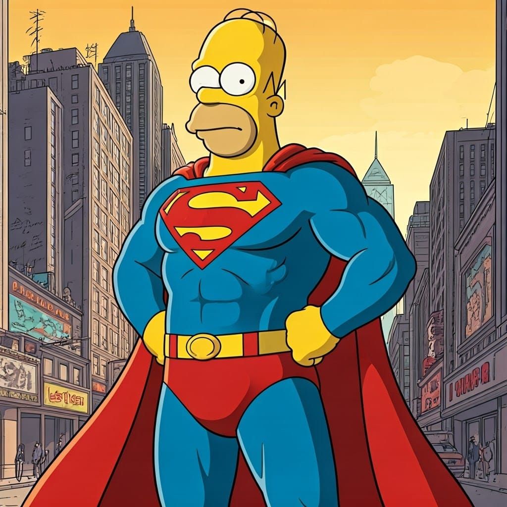 Homer Simpson, dressed in a vibrant, iconic Superman costume, complete ...