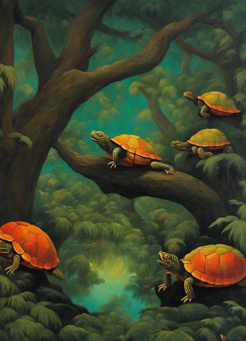 painted turtles climbing up to the tops of the trees, jungle, dark night, surreal, flora, fauna ...