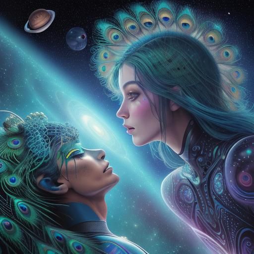 a peacock man kisses an alien woman on a large meadow by the sea in ...