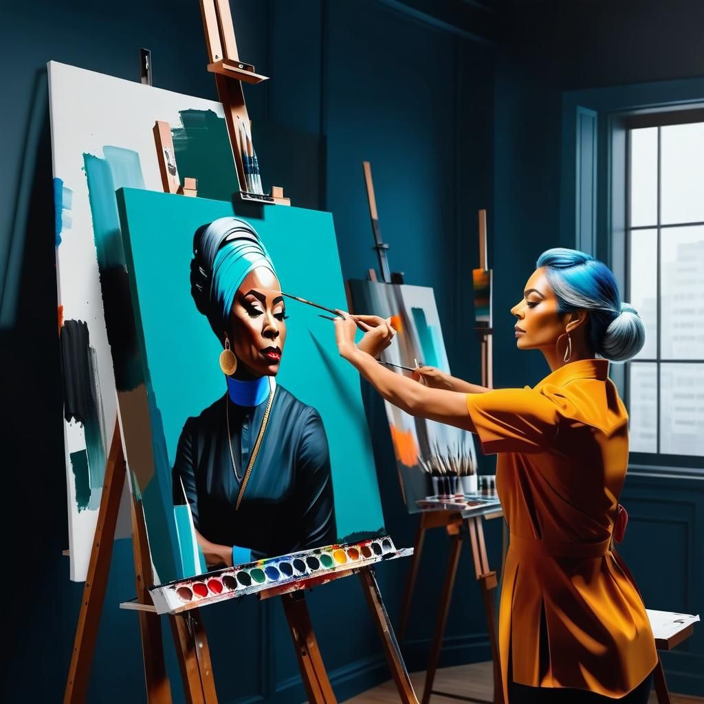 A long shot of an artist painting a portrait of herself complementary ...