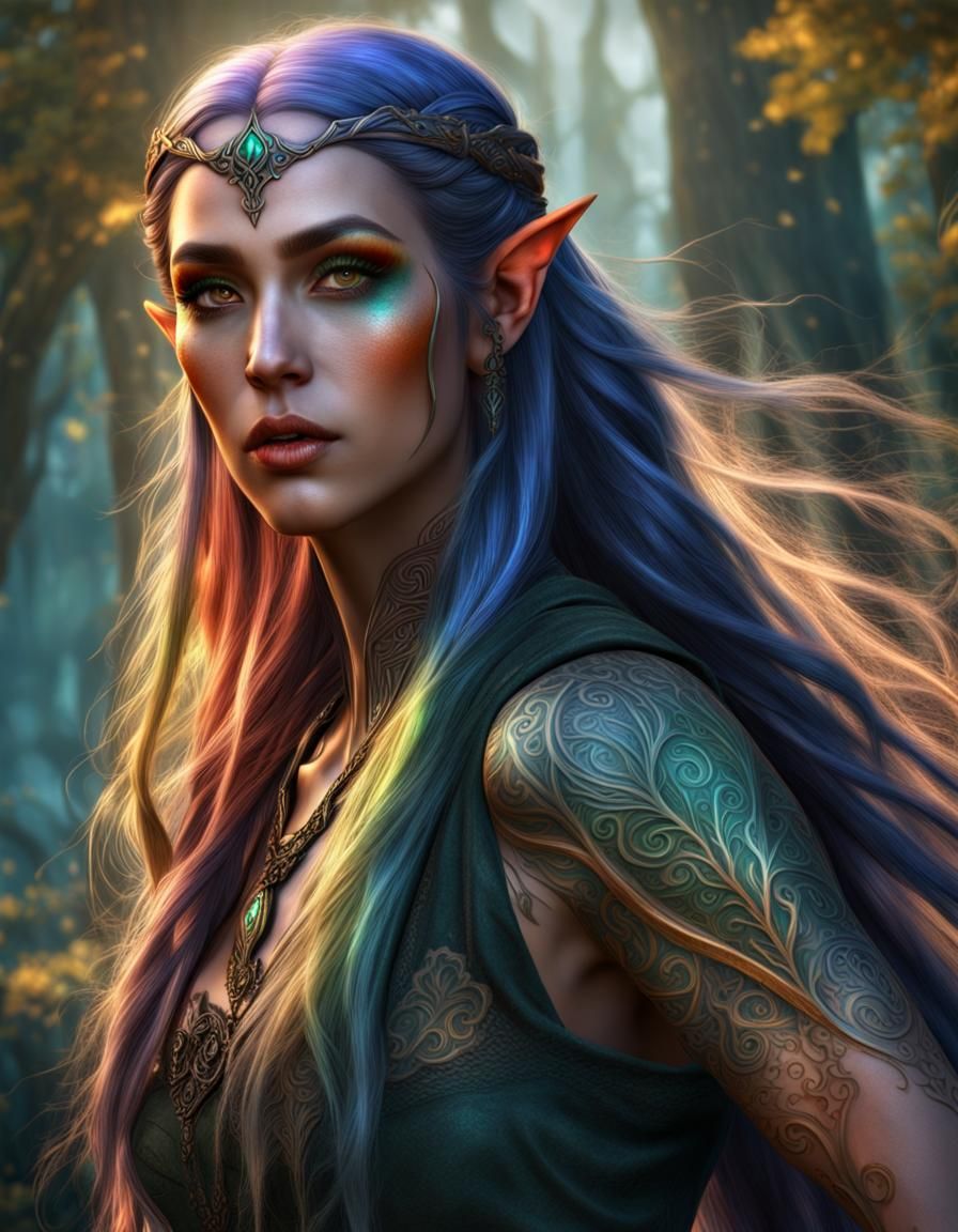 An elven character with intricate facial tattoos and flowing ...