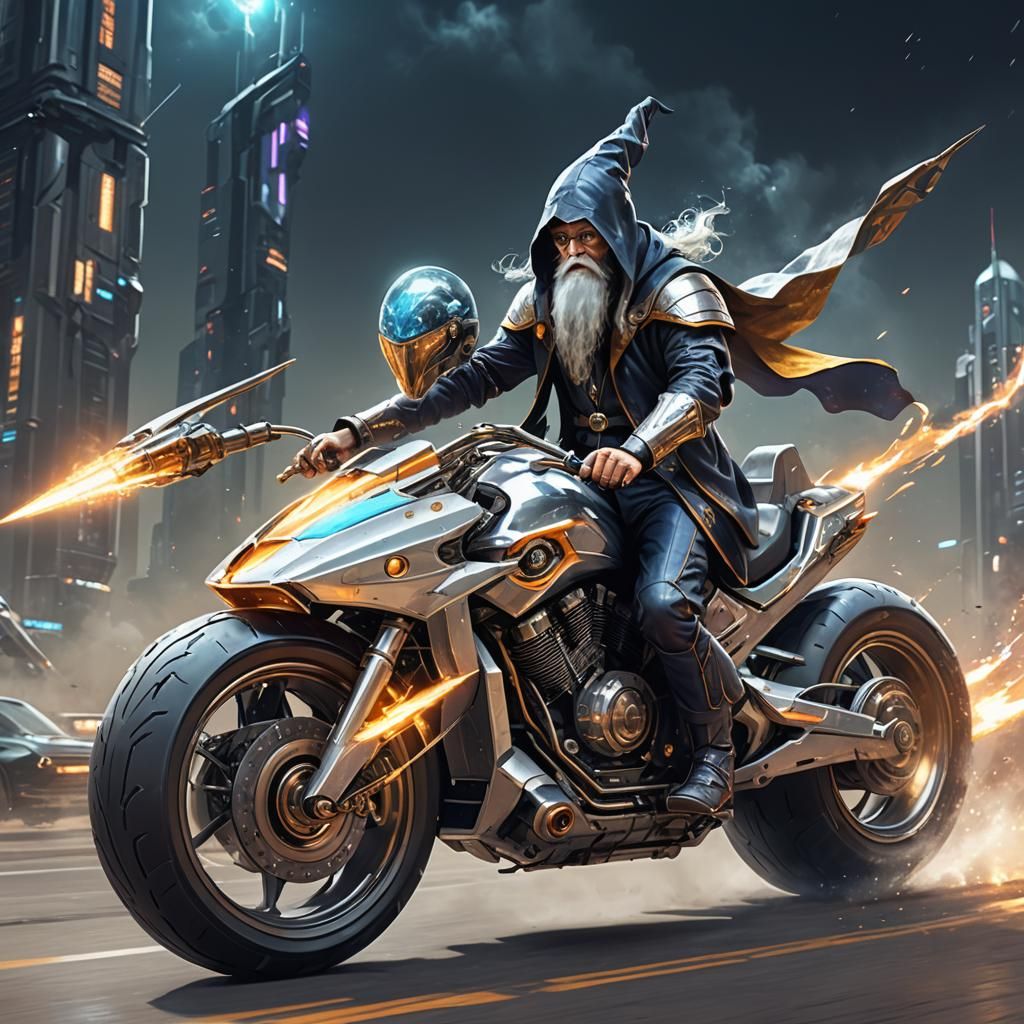 A wizard riding a futuristic motorcycle - AI Generated Artwork ...
