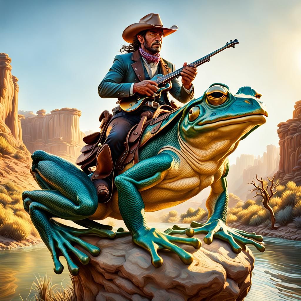 cowboy riding high on a leaping frog, intricate entangled detail Octane ...