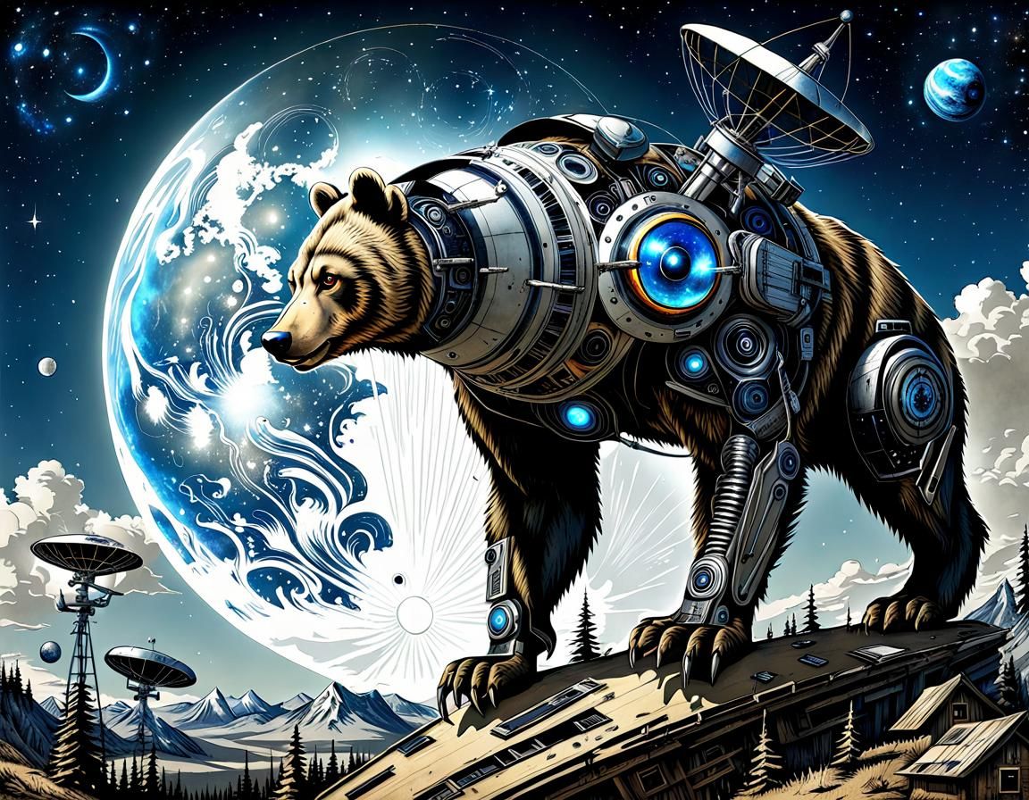 Shardik, cyborg bear with satellite dish on head and limbs that are ...