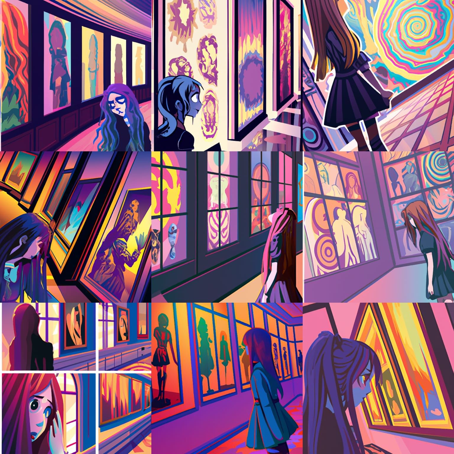 Psychedelic Anime girl at art gallery looking at melted paintings ...