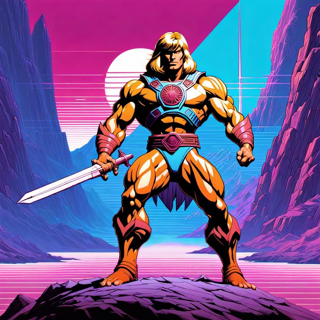 He-Man, (vaporwave:1.5), minimalist; 8k resolution; analogous colors ...
