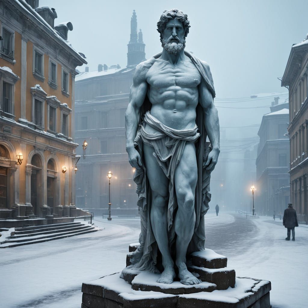 Majestic Janus Statue in Snowy Roman Square - AI Art