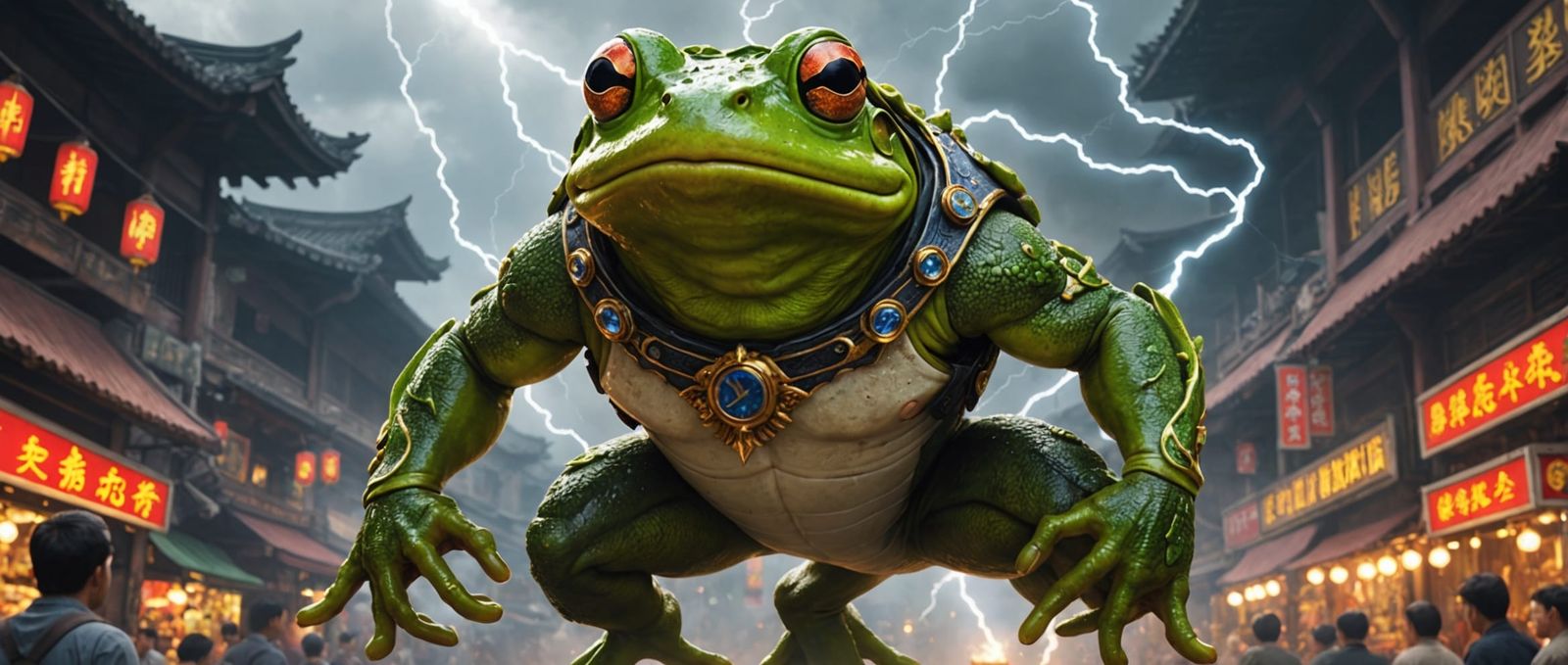 A god frog that emits lightning from its body around it in the air ...
