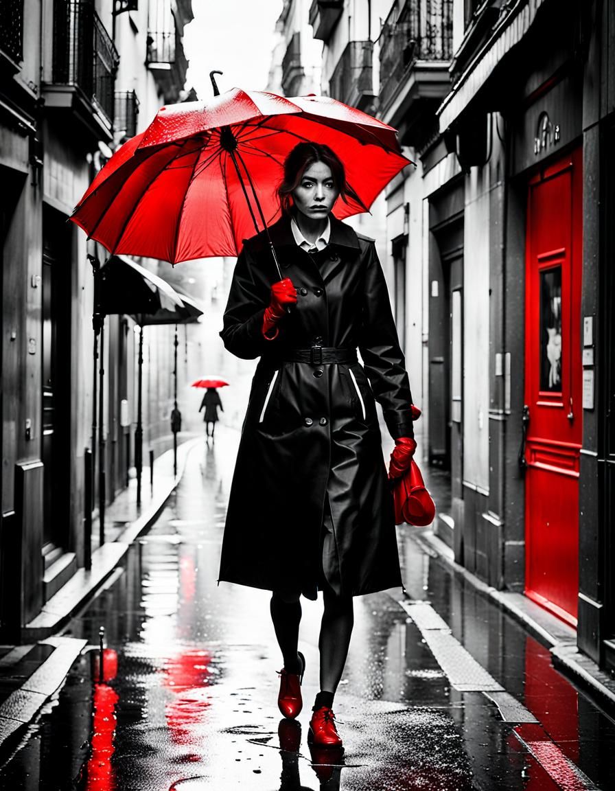 " Splash art, noir et blanc, femme solitaire avec un manteau rouge ...