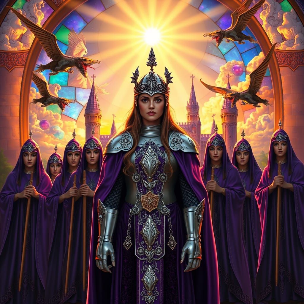 Ethereal Knights in Stained Glass Castle Amidst So... - AI Art