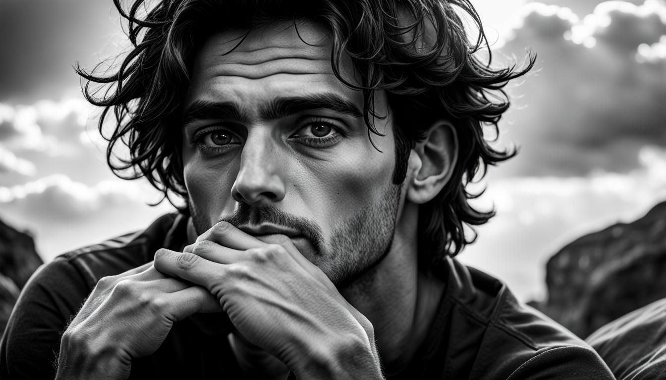 a up close very detailed black and white portrait of a handsome young ...