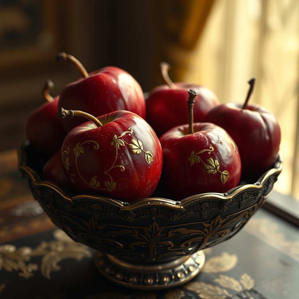 ripe deep red apples with intricate silver and gold inlay designs in an ...