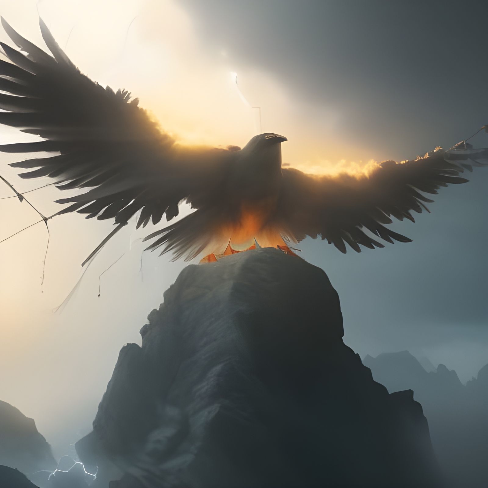 A giant bird made of electrical energy, spreads its wings from its nest ...