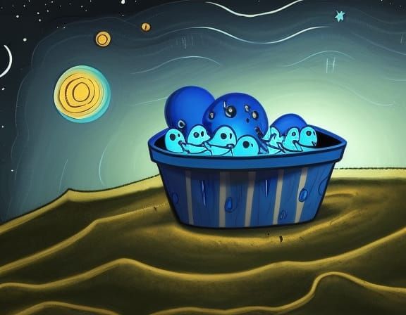 couple of BLUE aliens sailing on a popcorn bucket boat, 2D game art ...
