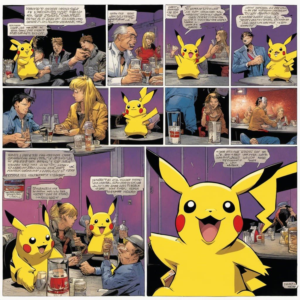 pikachu as a dangerous drunk in a nightclub, realistic, illustrated by ...