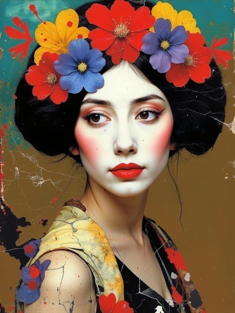 Ethereal Geisha in Vibrant Cherry Blossom Crown - AI Art