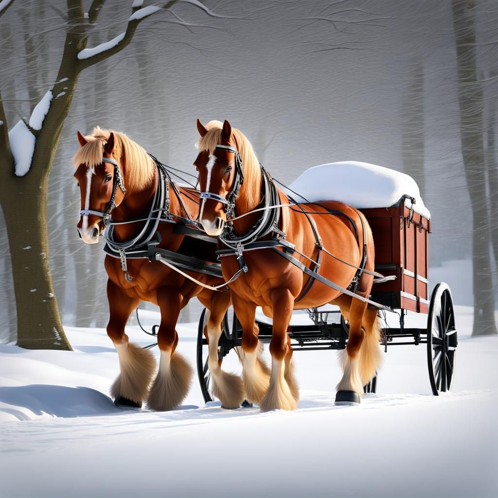 Chestnut Belgian draft horse pulling a wagon in the snow, 64k ...