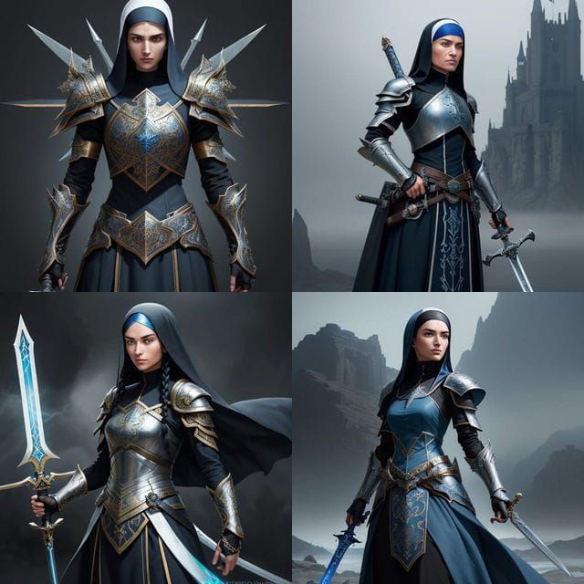 Nun Warrior in Majestic Blue and White Armor - AI Art
