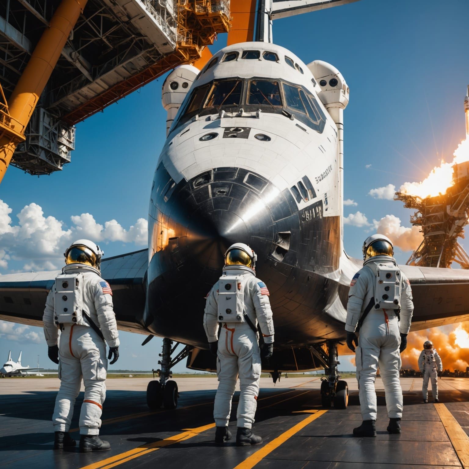Astronauts standing on the heat shield of the space shuttle on the ...