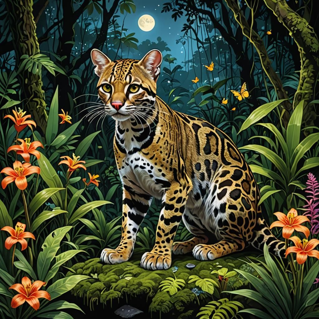Ocelot in a Tropical rainforest - AI Generated Artwork - NightCafe Creator