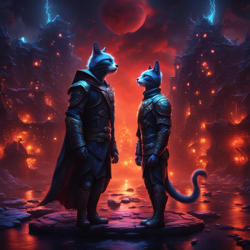 electric feeling between a catman and foxman in love looking at each ...