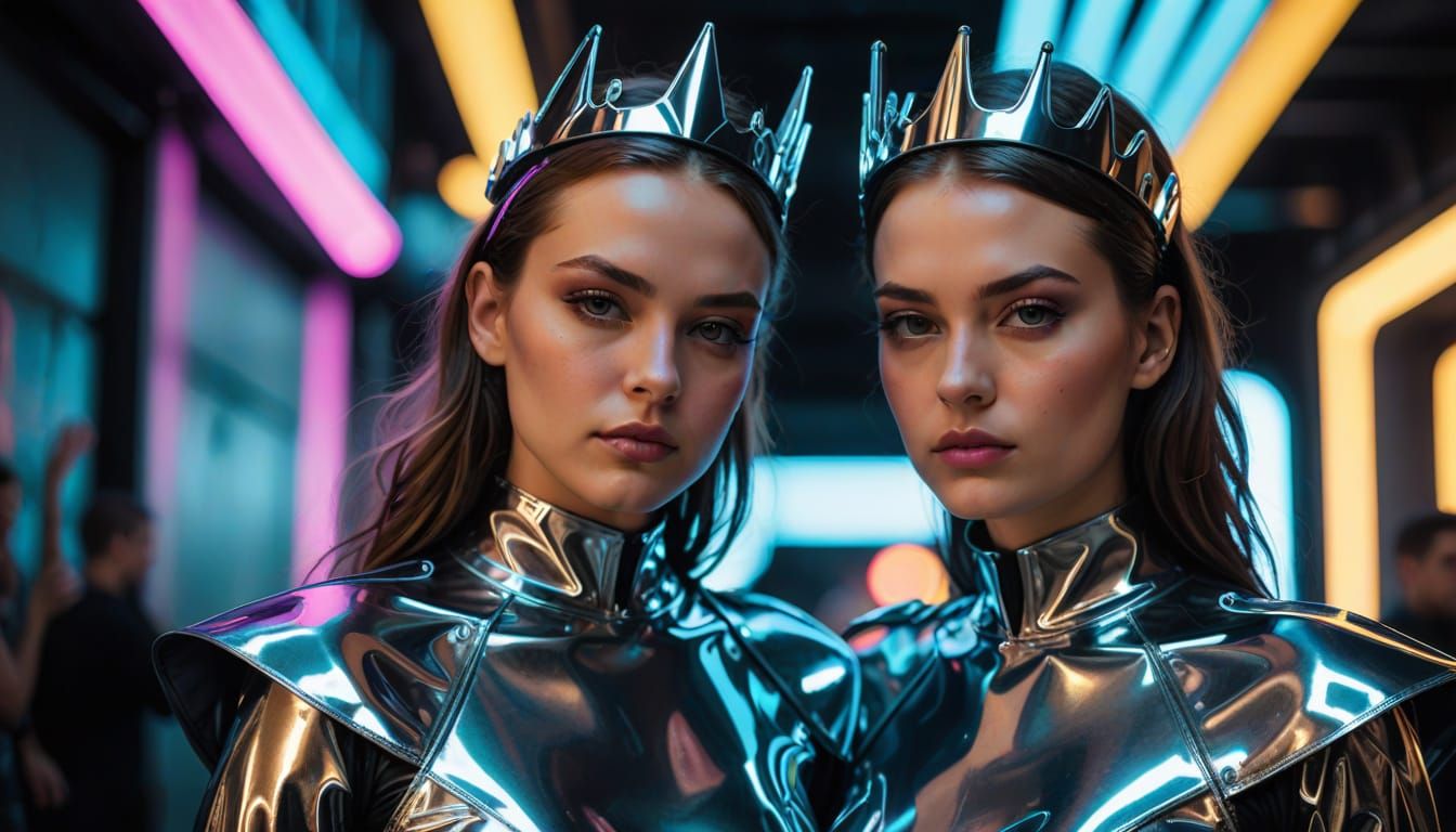 Cyberpunk Mother and Daughter on Chrome Runway - AI Art