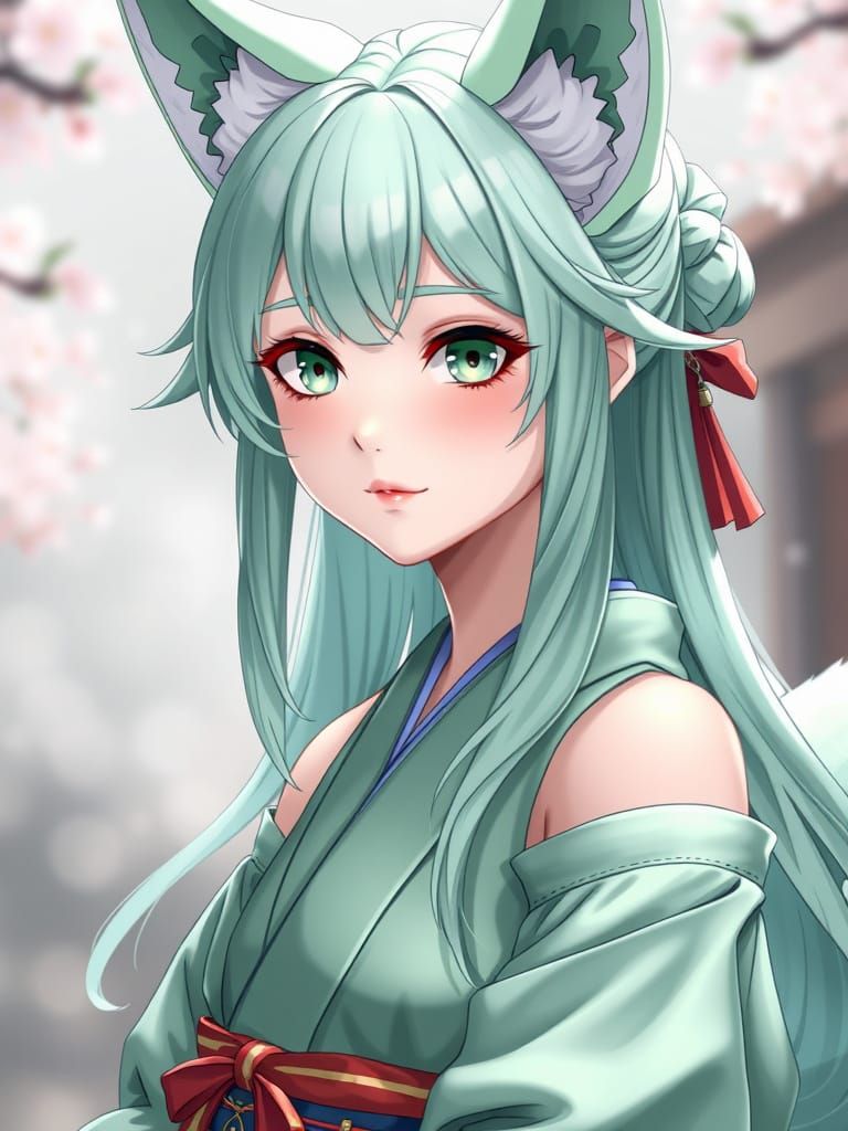 Anime Portrait of Fox Maiden with Green Hair - AI Art