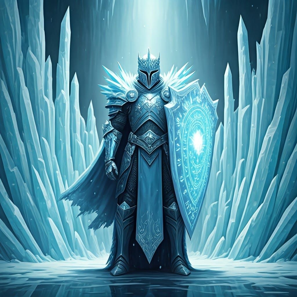 A frost knight standing confidently, holding a magical ice shield that glows with a powerful ...