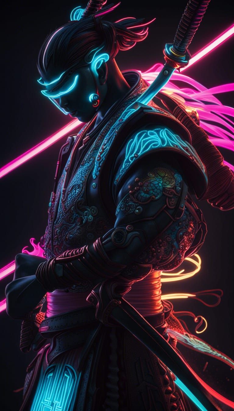 Japanese samuri with swords bioluminicent glowing neon - AI Generated ...