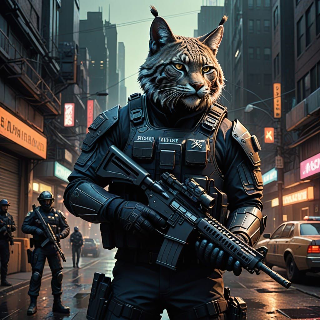 A realistic sci-fi image depicting a bobcat police officer, realistic ...