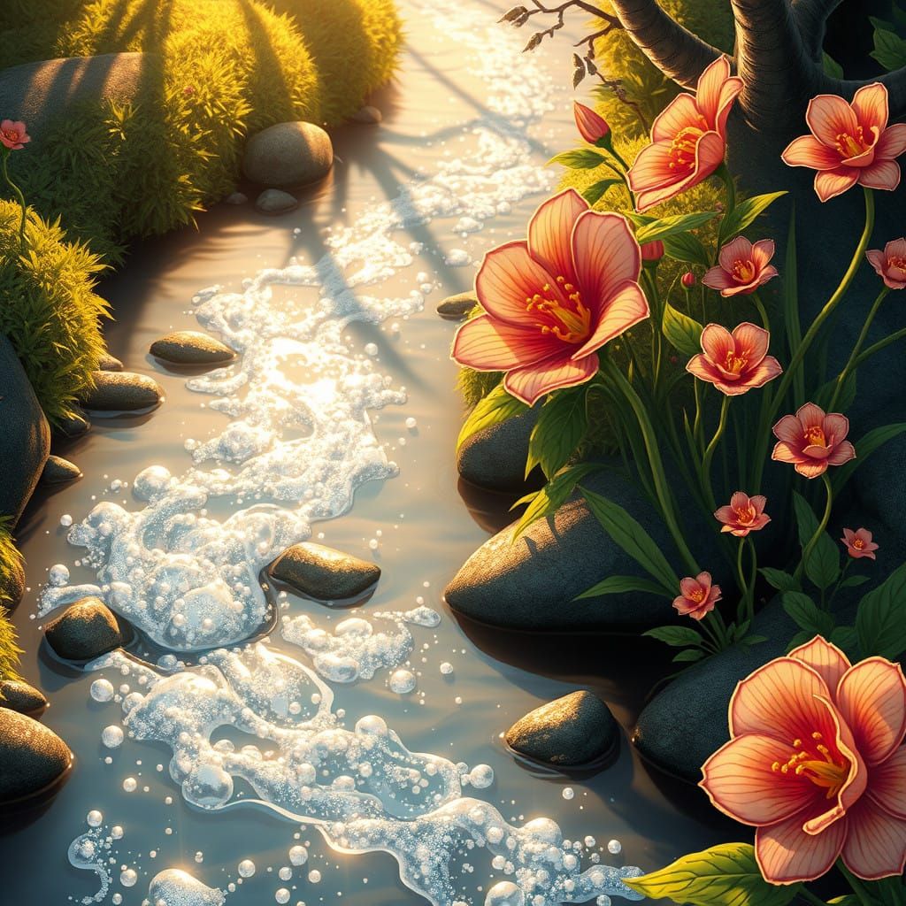 Whimsical Stream Scene with Vibrant Flowers in Car... - AI Art