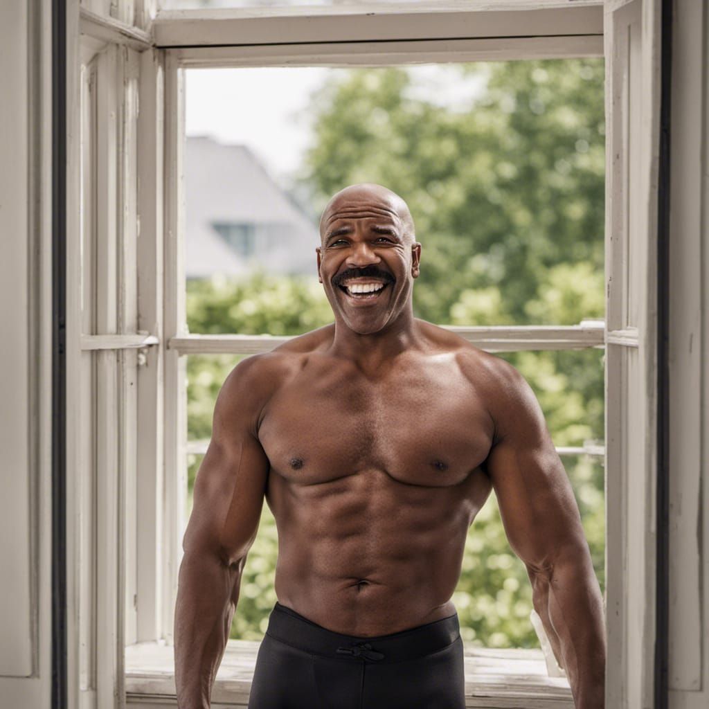 view from window, shirtless buff Steve Harvey outside smiling, intense ...