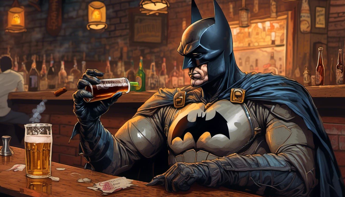 Batman drinking a beer while smoking a cigar, at a bar, sundown - AI ...