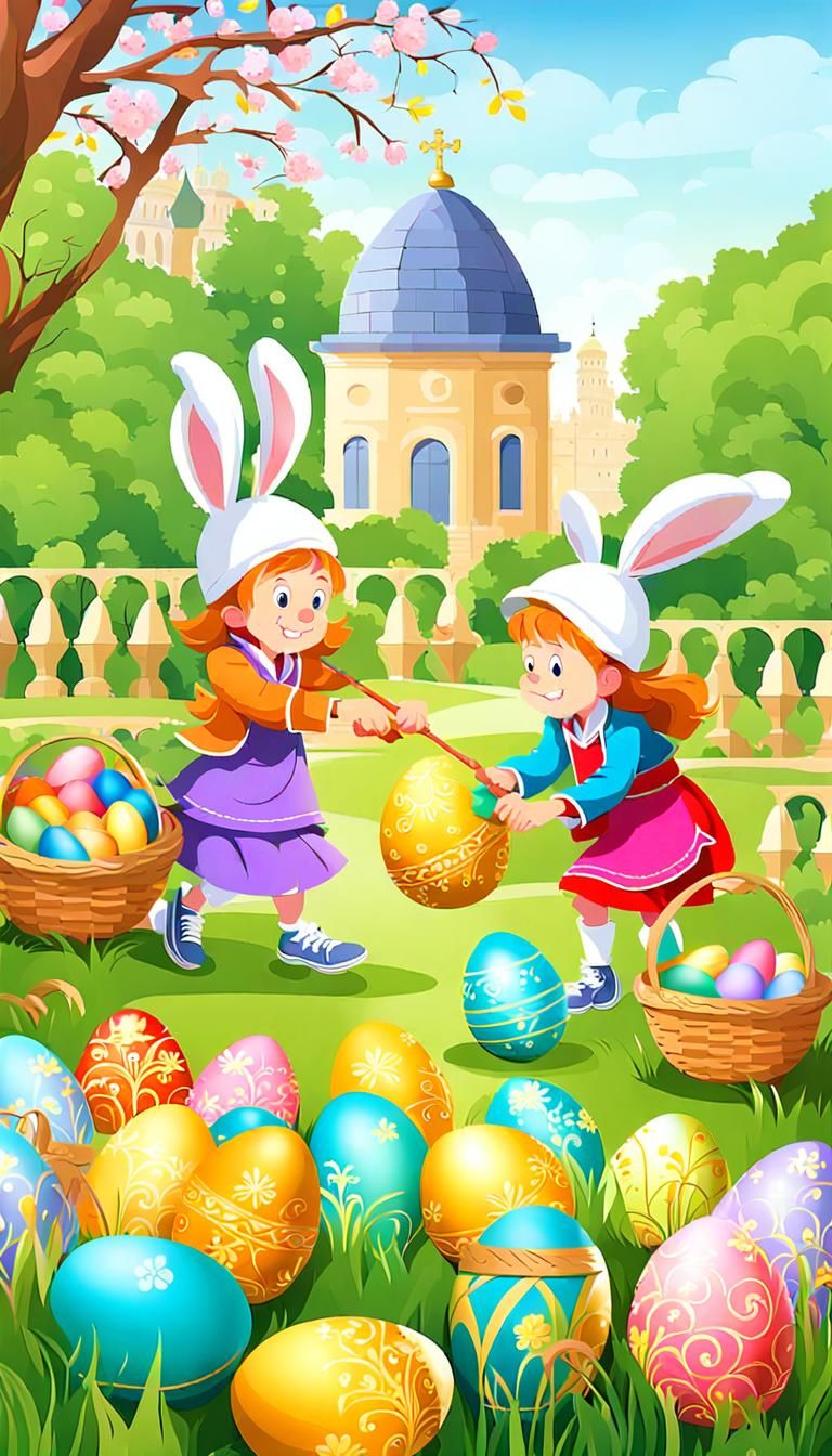 Easter, in the Palace garden, children hunt for golden or multi-colored ...