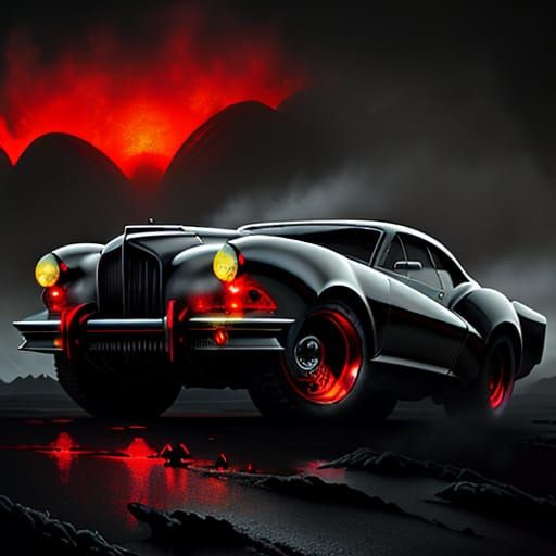 Retro-futuristic demonic vehicle. Far shot. A sleek, chrome-plated car ...