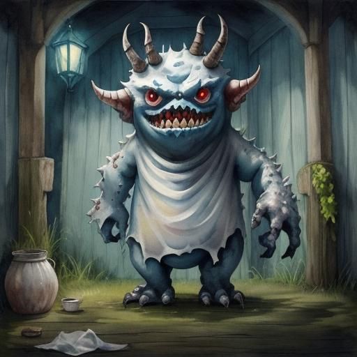 Low key wet dripping watercolor of a mischievous monster peaking around ...