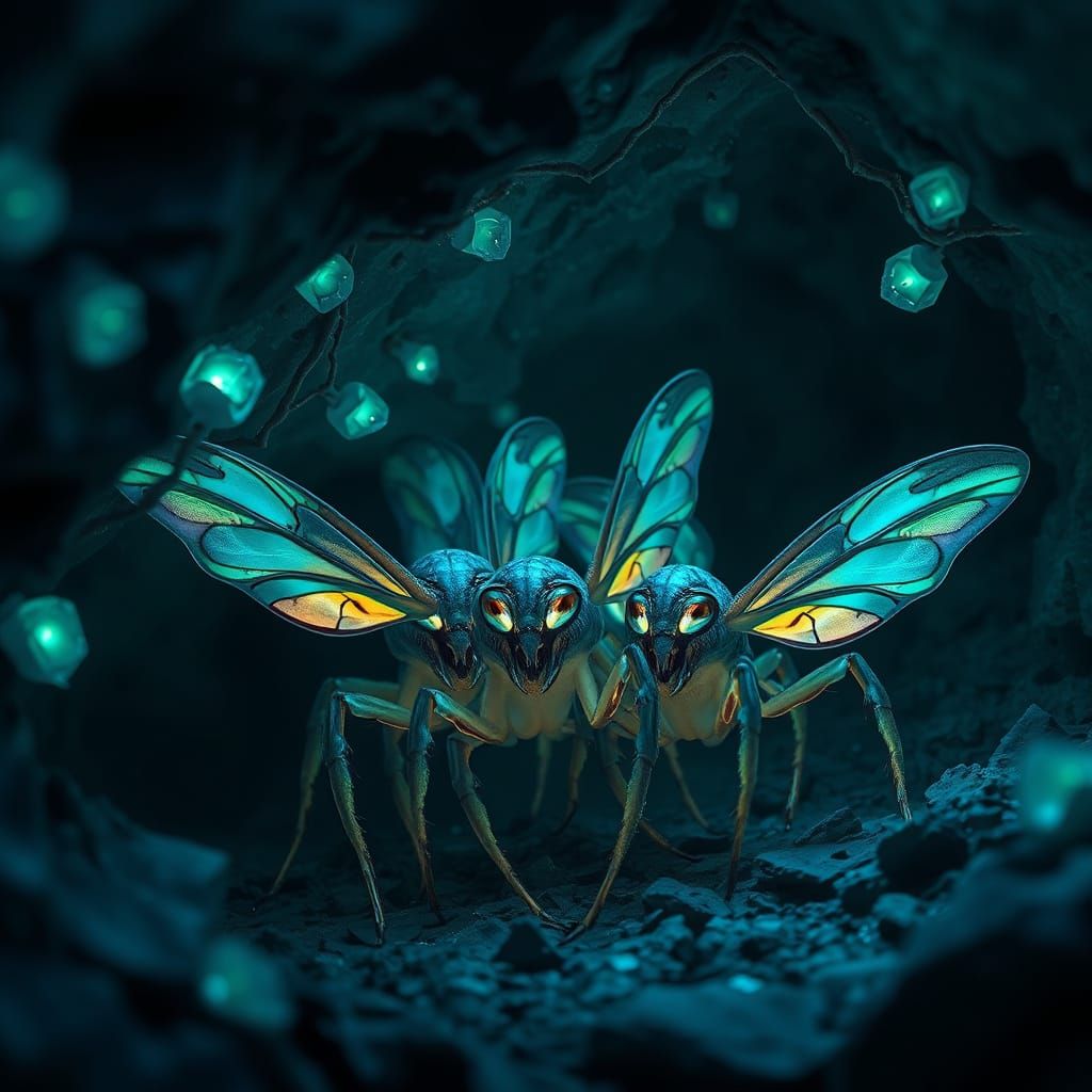 Shimmering, bioluminescent fungi illuminate a cavern where six-legged ...