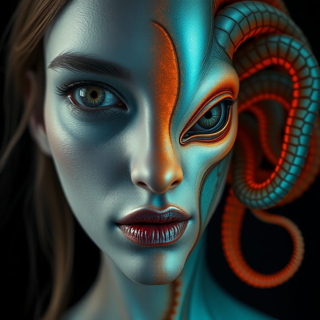 split portrait. Left side of face = human female face. Right side of ...